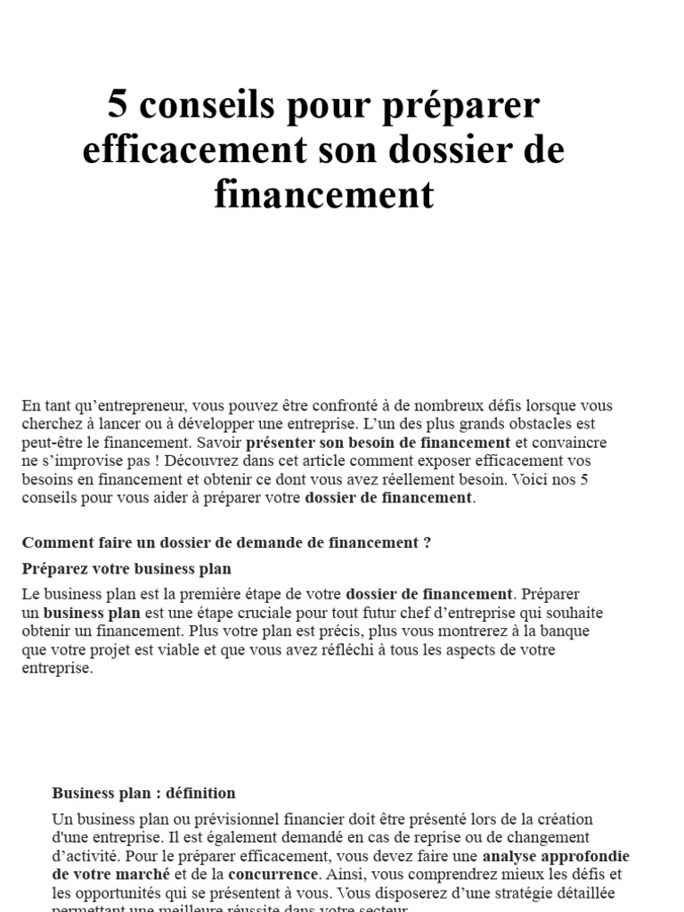 5 conseils pour un dossier de financement | PDF | Business | Plan d ...