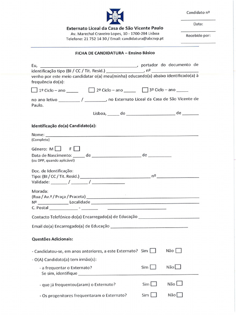 Ficha de Candidatura e Modelo I Ensino Basico 2022 2023 | PDF