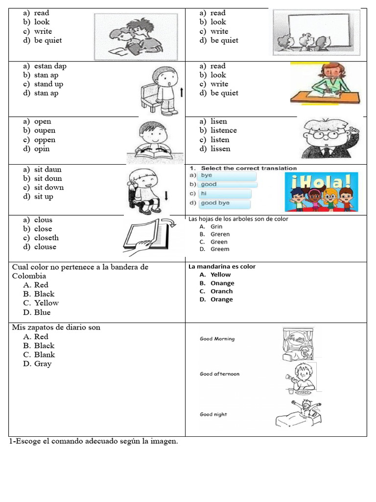 evaluacion de ingles sobre comandos saludos y colores | PDF evaluacion de ingles sobre comandos saludos y colores | PDF