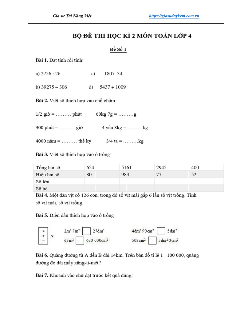 Bo de Thi Hoc Ki 2 Mon Toan Lop 4 Bo de Thi Hoc Ki 2 Mon Toan Lop 4 | PDF