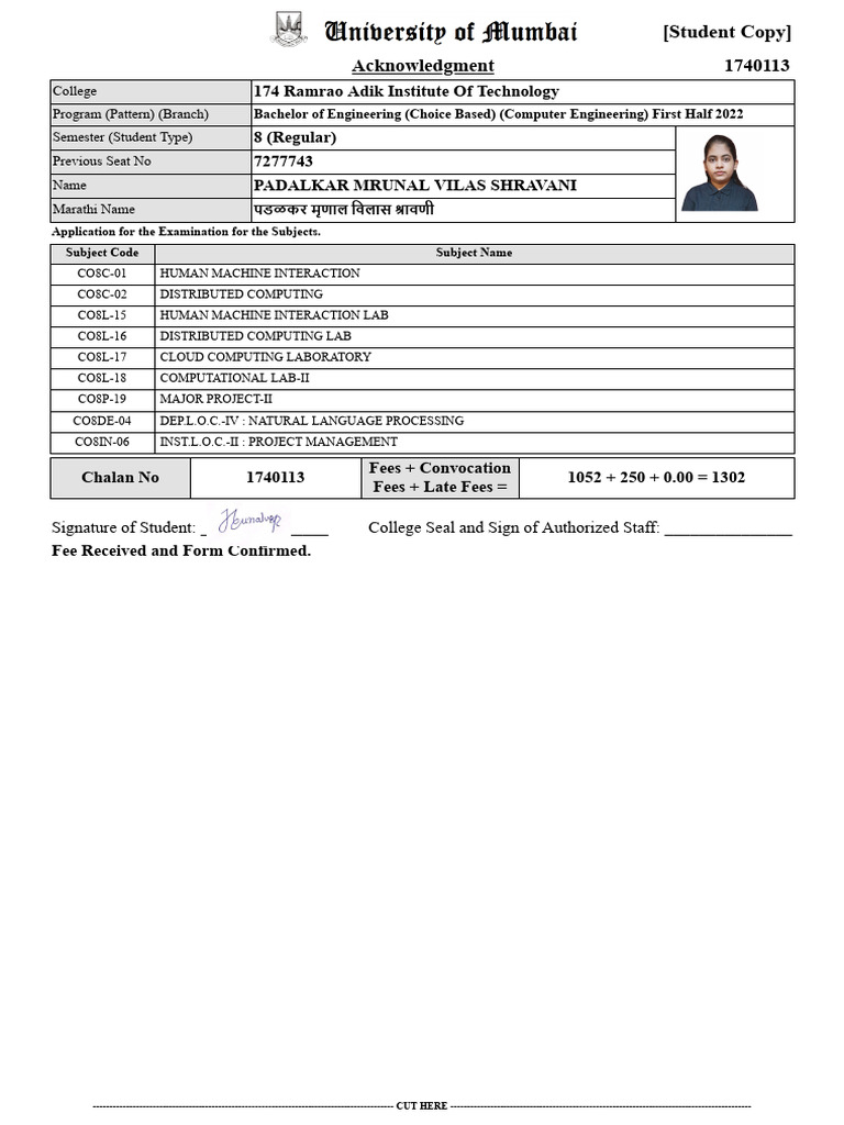 18CE1011_Exam Form Acknowledgment_Sem8 | PDF | Computing | Engineering