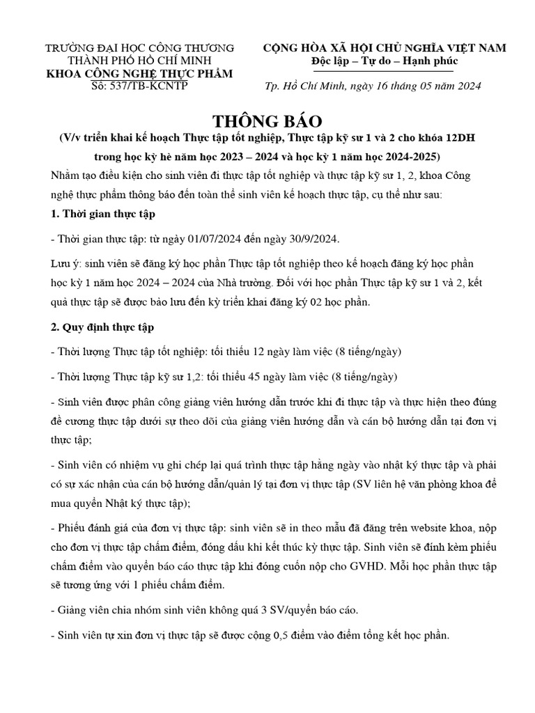 TB So 537 - Thong Bao Ve Ke Hoach Thuc Tap Som Trong Hoc Ky He 2023 - 2024 | PDF