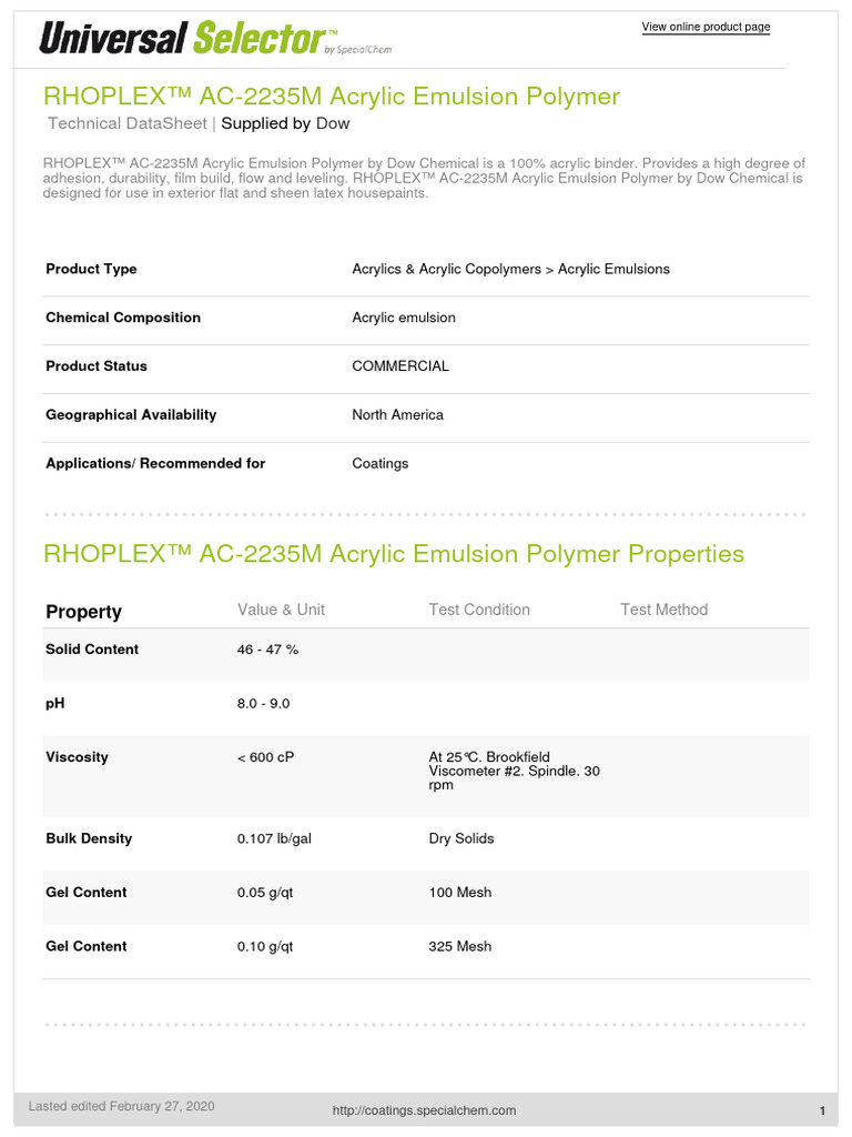 RHOPLEX™ AC-2235M Acrylic Emulsion Polymer - Dow | PDF | Technology ...