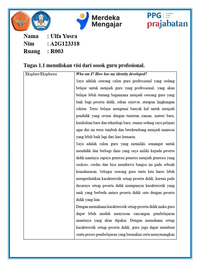 Tugas 1.1 Menuliskan Visi Dari Sosok Guru Profesional (Ulfa Yusra) | PDF
