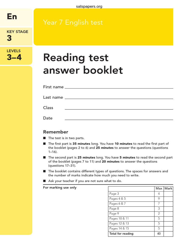 KS3 Year 7 2007 English Reading Answer Booklet - Level 3-4 | PDF ...