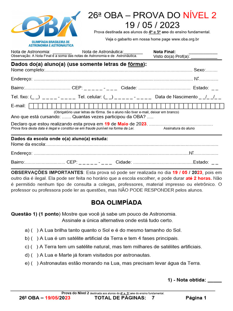 Prova Nivel 2 Da 26 OBA de 2023 | PDF | Planetas | Sistema Solar
