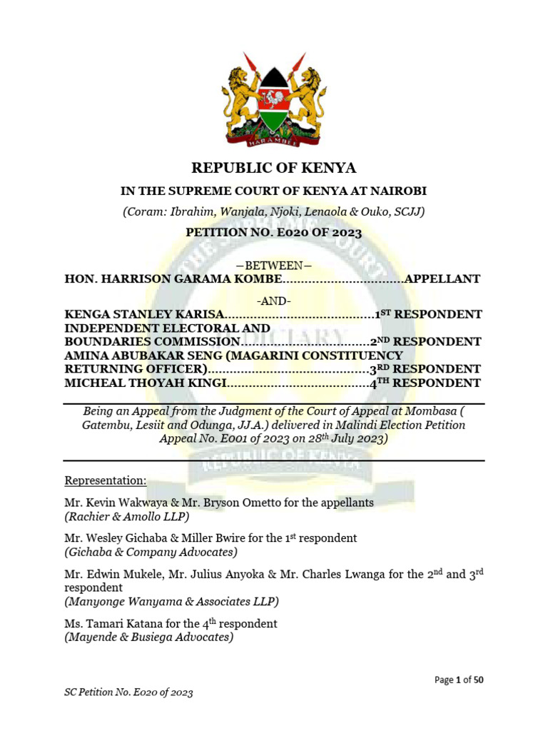 SC PETITION NO. E020 OF 2023 - Kombe Harrison V Kenga Stanely & 3 ...