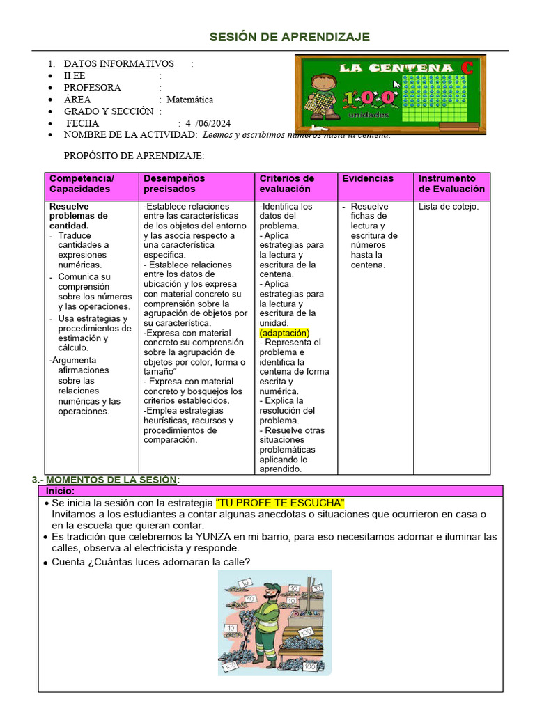 Sesion Leemos y Escribimos Numeros Hasta La Centena | PDF | Evaluación | Aprendizaje