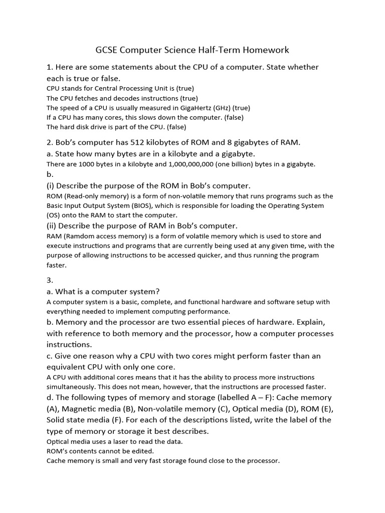 GCSE Computer Science CPU and Memory Guide | PDF | Computer Data ...