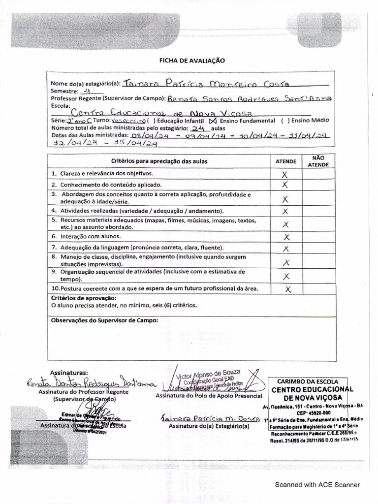 Ficha de Avaliacao - Tainara | PDF