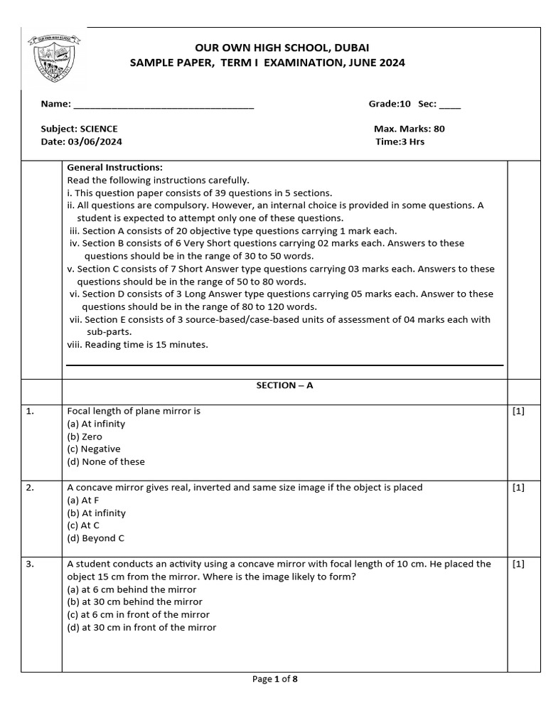GR 10 Science Sample Paper Term 1 Exam 2024 | PDF | Refraction ...