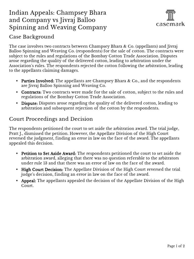Champsey Bhara vs Jivraj Balloo Case Summary | PDF | Appeal | Judgment (Law)
