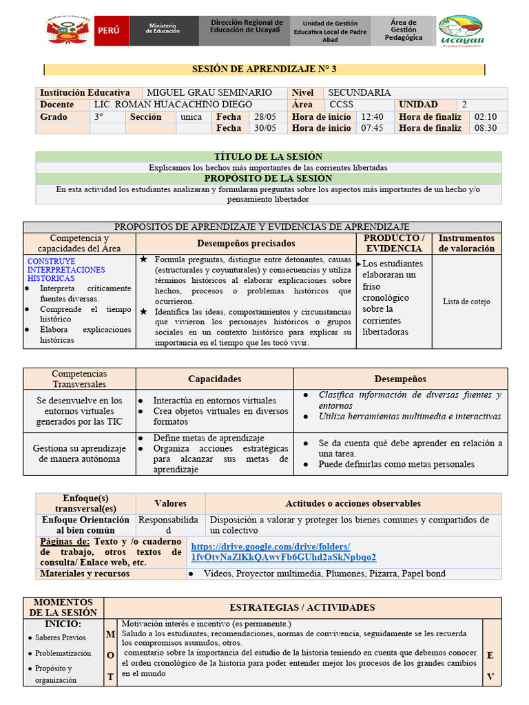 FORMATO Sesión de Aprendizaje - UGEL PADRE ABAD - 2024 CCSS 3° EDA 2 Semana 3 | PDF | Evaluación ...