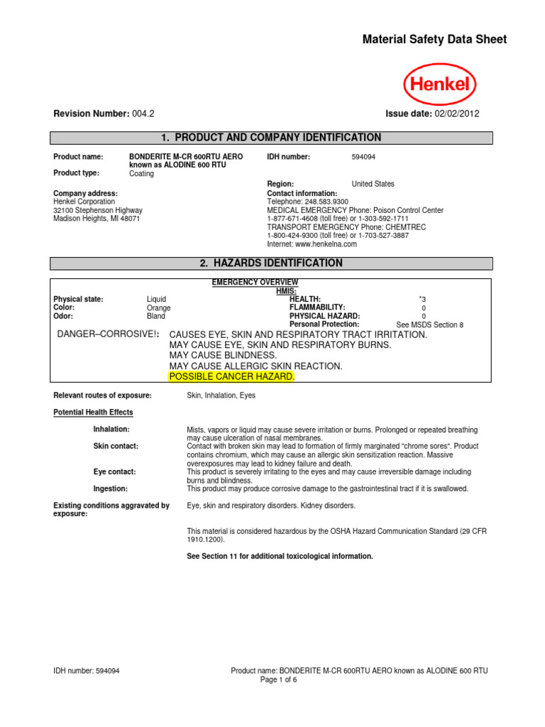 Alodine 600 Ds | PDF | Dangerous Goods | Occupational Safety And Health