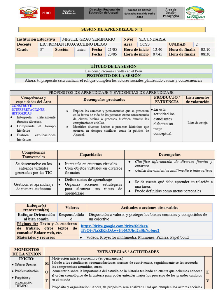 FORMATO Sesión de Aprendizaje - UGEL PADRE ABAD - 2024 CCSS 3° EDA 2 Semana 2 | PDF | Evaluación ...