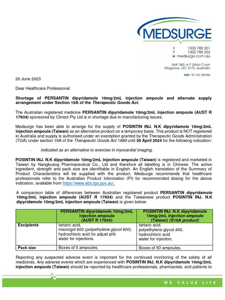 Dear-HCP-letter-Shortage-of-PERSANTIN-dipyridamole | PDF | Medical ...