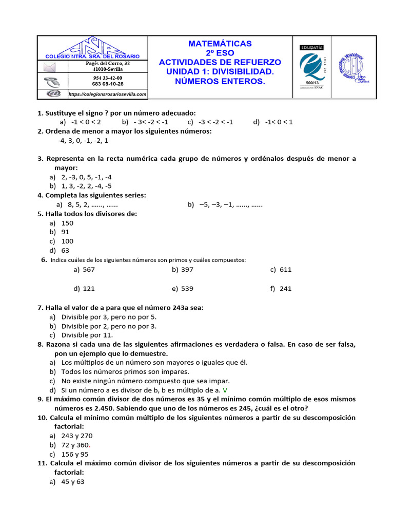 Actividades de Refuerzo. Unidad 1. Divisibilidad. Números Enteros. MAT 2º 2 | PDF | Matemática ...