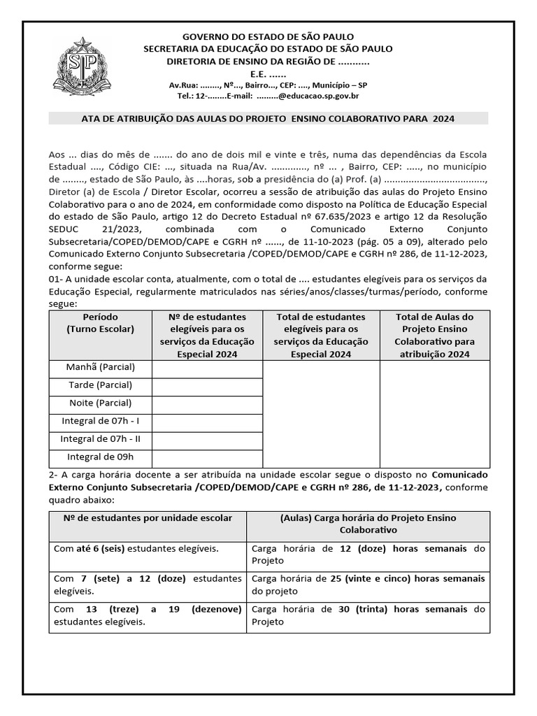 Modelo de Ata de Atribuição - Projeto Ensino Colaborativo - 2024 | PDF ...
