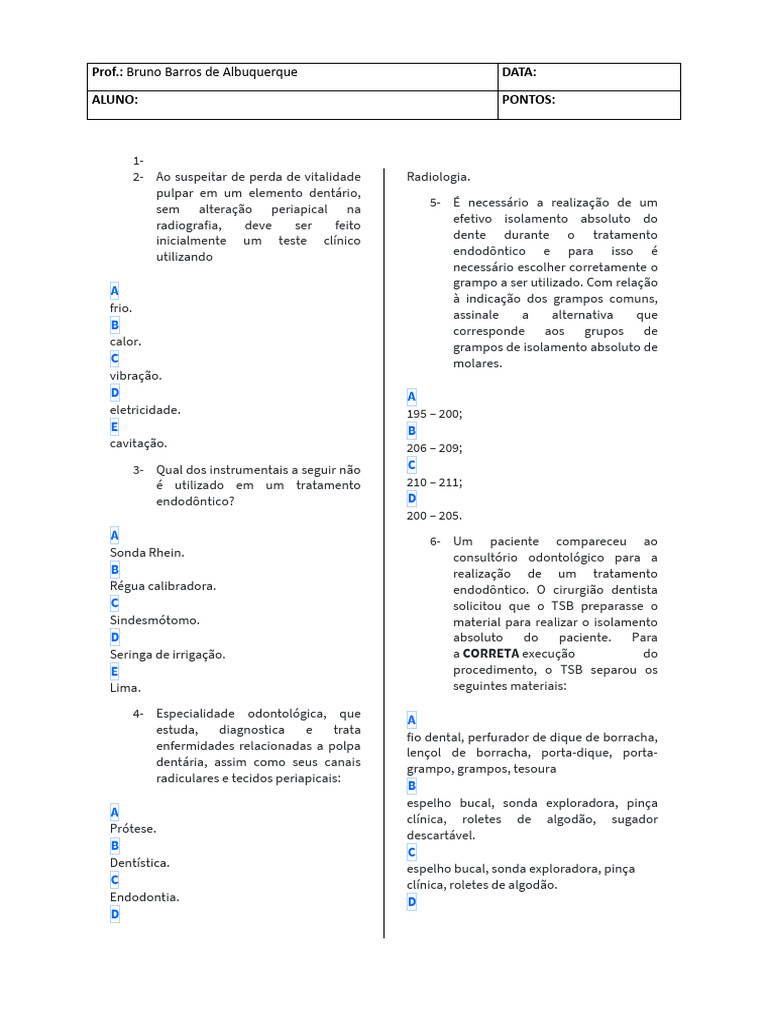 Prova - Endo | PDF | Dente humano | Dente