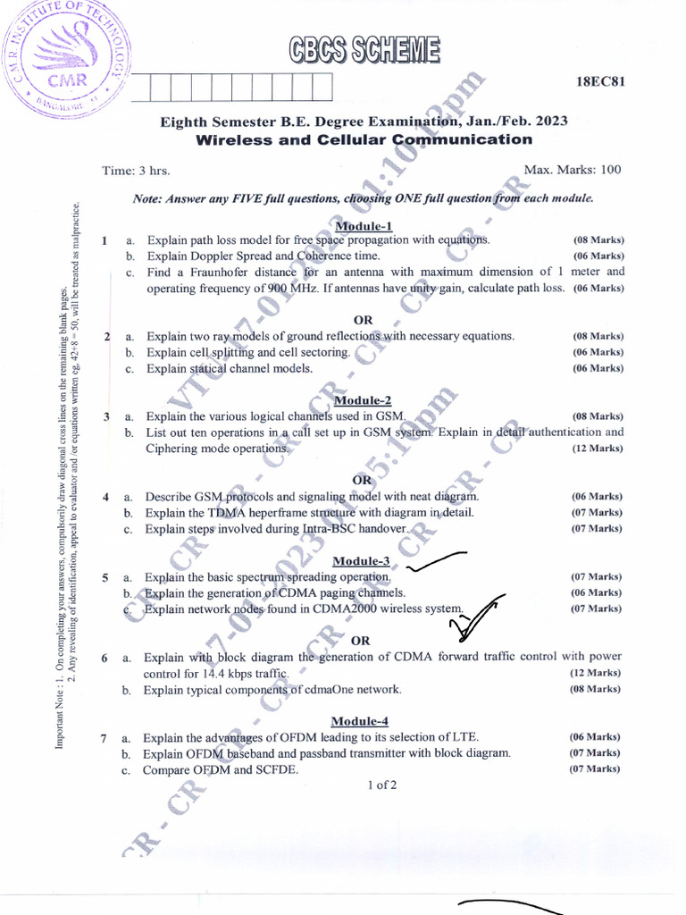 VTU Question Paper of 18EC81 Wireless and Cellular Communication Jan ...