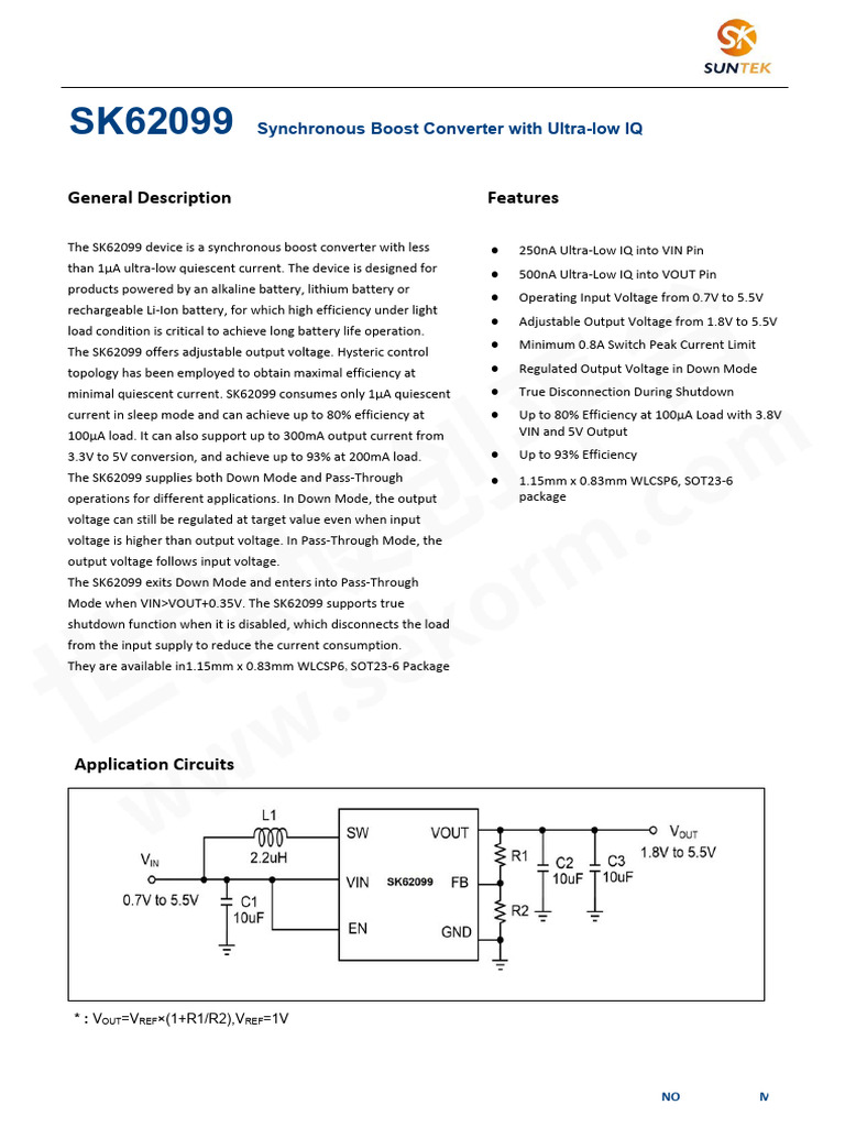 SK62099 Synchronous Boost Converter with Ultra_low IQ | PDF | Rectifier | Inductor