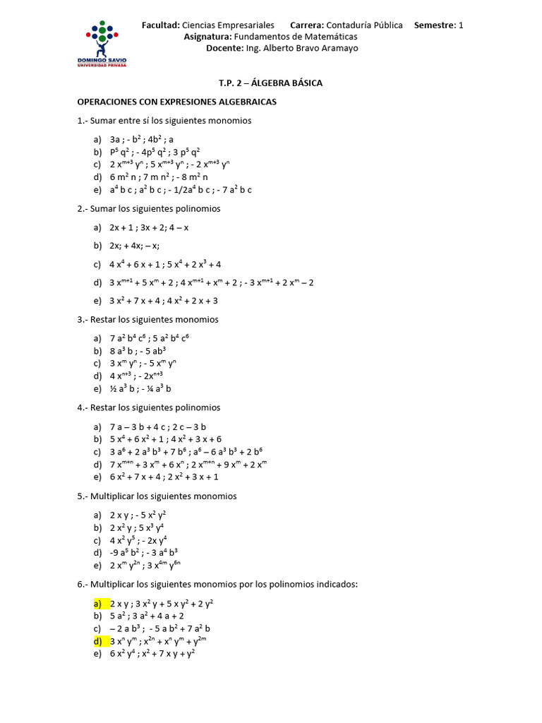 Trabajo Práctico 2 - Álgebra Básica | PDF | Ecuaciones | Conceptos matemáticos