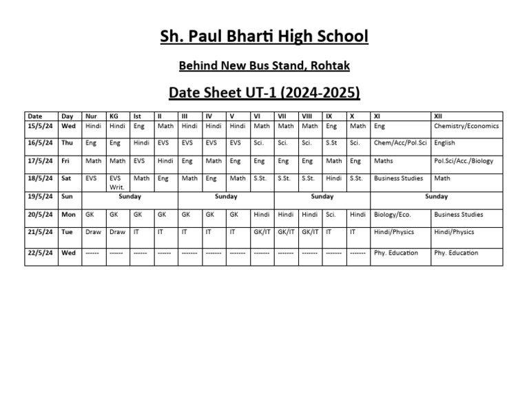 Date Sheet UT-1 2024-2025 | PDF