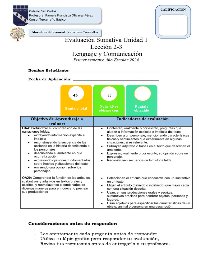 Evaluación Sumativa Unidad 1.leccion 2 y 3 Diferenciada | Descargar ...