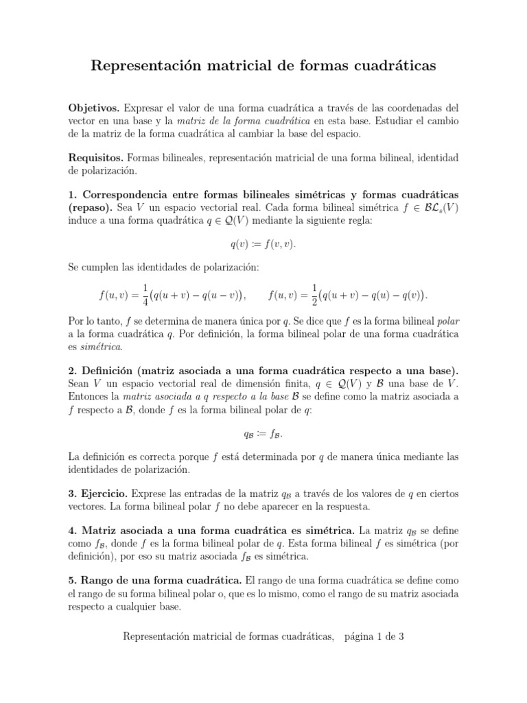 Matrices y Formas Cuadráticas | PDF | Base (álgebra lineal) | Matriz ...