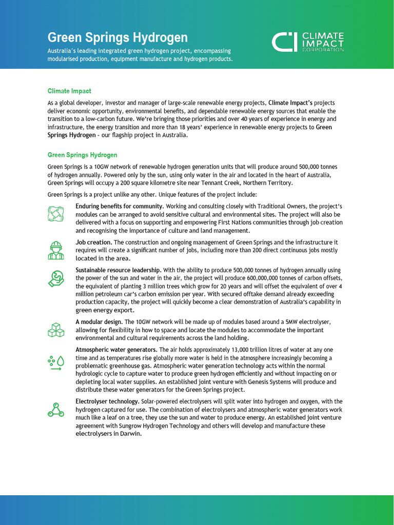 Green Springs Hydrogen Project Overview | PDF | Renewable Energy | Water