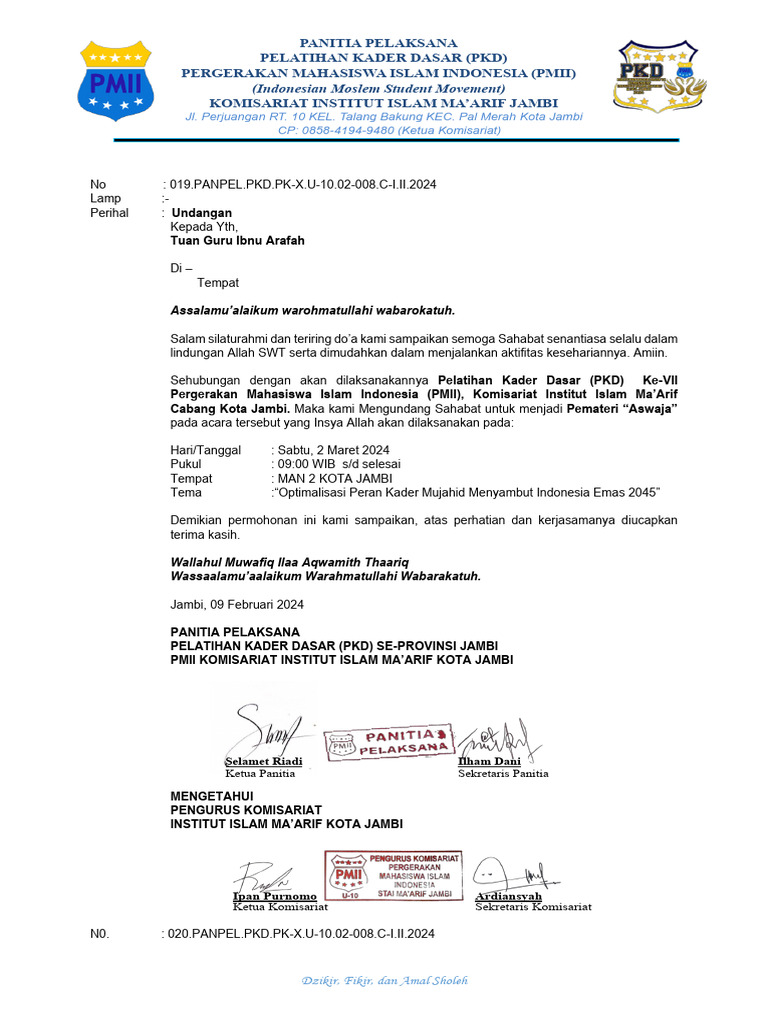 Undangan Pelatihan Kader PMII Jambi | PDF