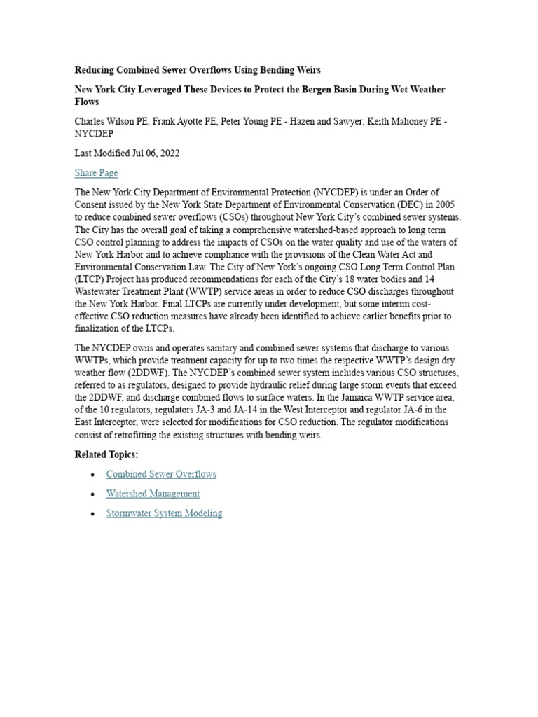 Bending Weirs for CSO Reduction in NYC | PDF | Combined Sewer | Storm Drain