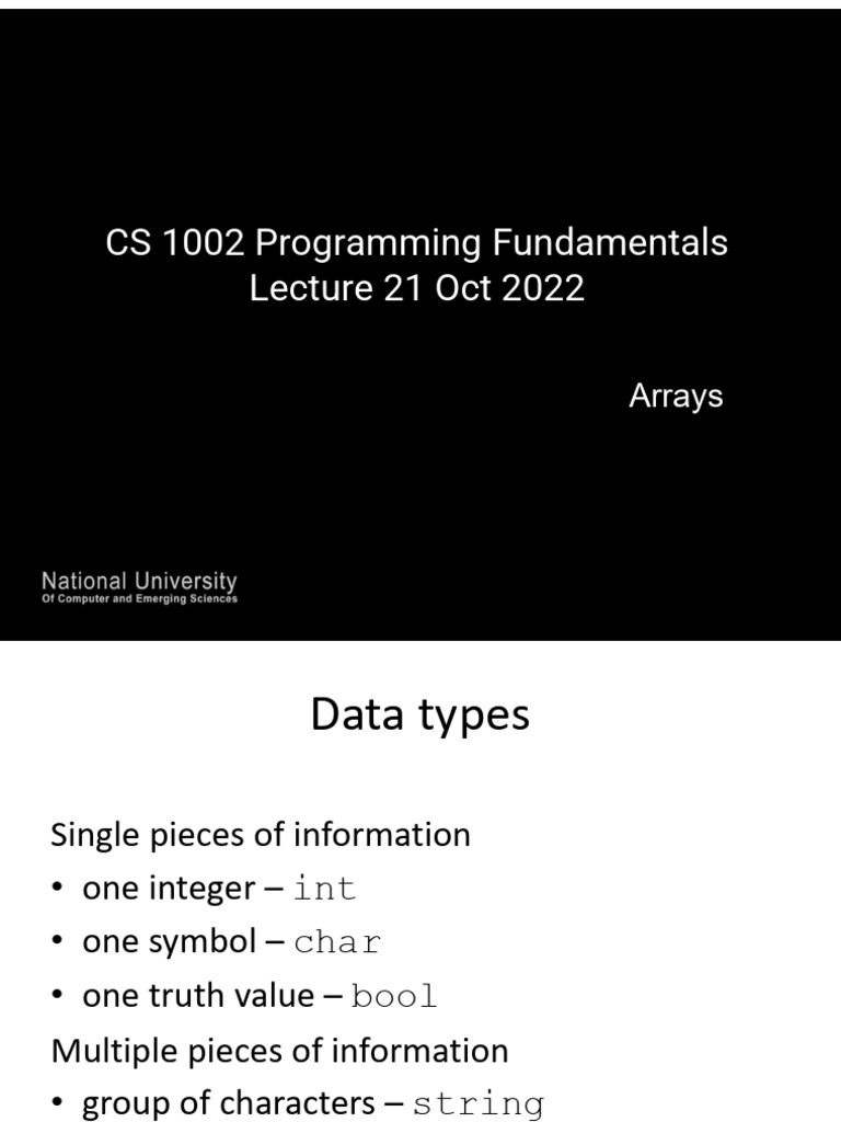 Pf Lecture 20 22 Arrays Pdf Integer Computer Science String Computer Science 