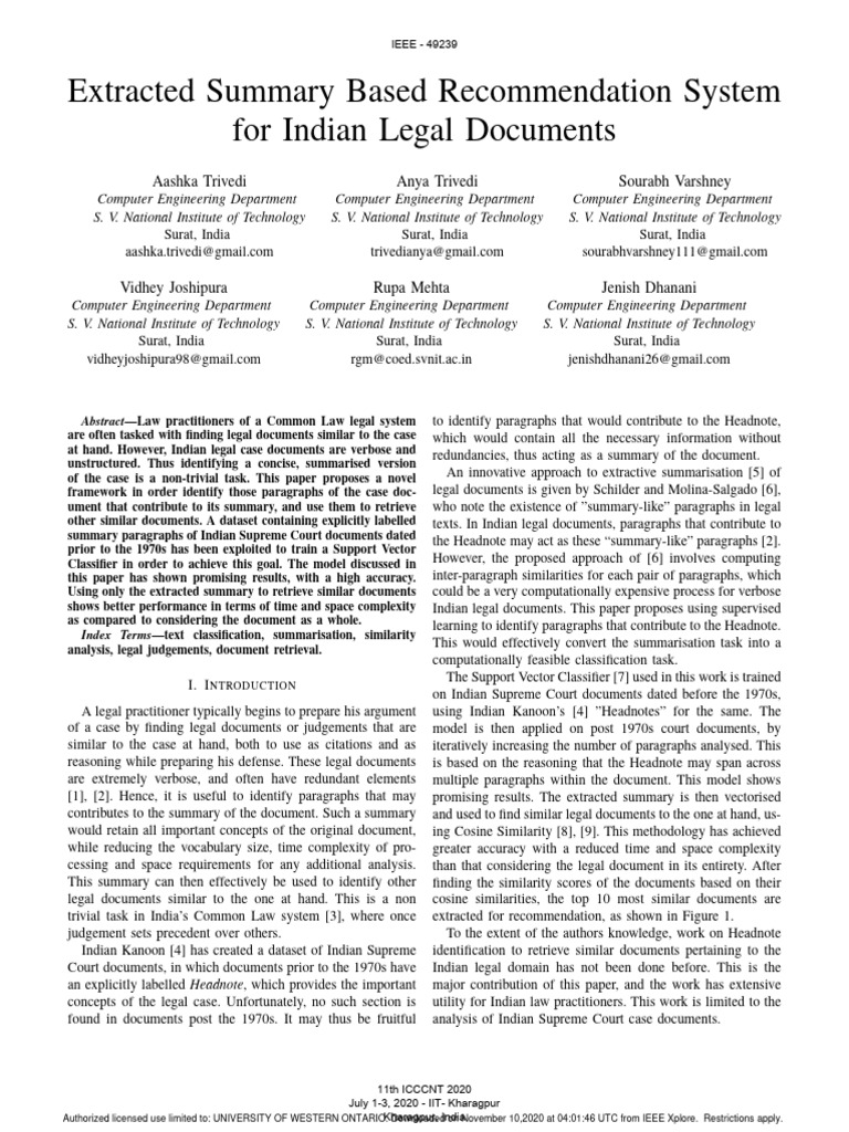 Extracted Summary Based Recommendation System for Indian Legal ...