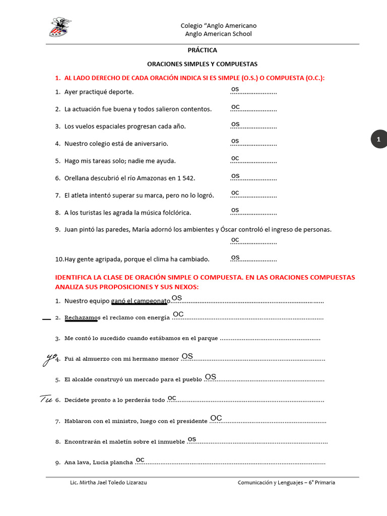 Práctica. Oraciones Simples y Compuestas Resulto | PDF