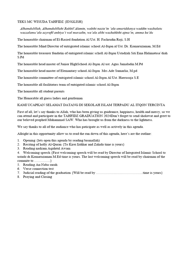 Teks MC Wisuda Tahfidz B Inggris | PDF