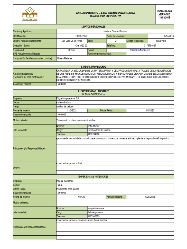 F-pa01rl-005 Hoja de Vida Corporativa | PDF