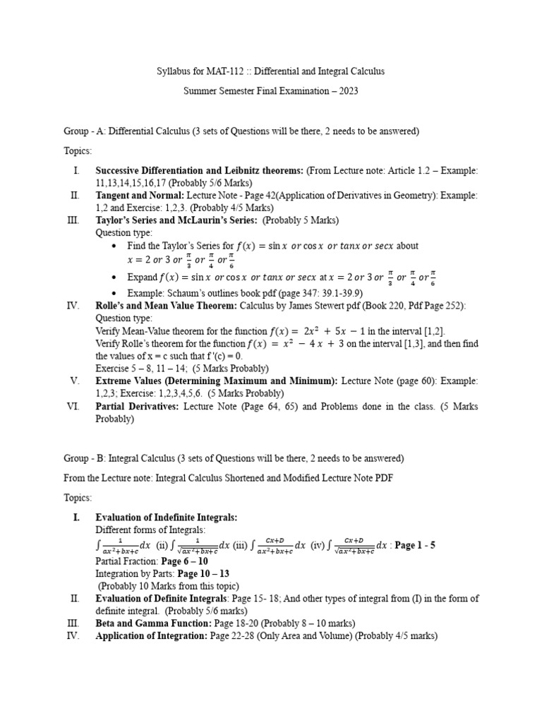 Syllabus For MAT-112 CSE 59 E Summer 2023 | PDF | Integral | Calculus