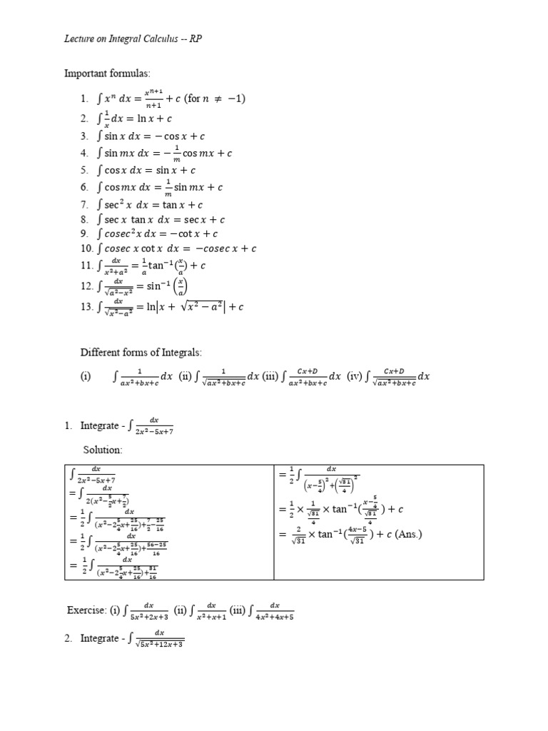 Integral Calculus Shortened and Modified Lecture Note | PDF | Logarithm ...