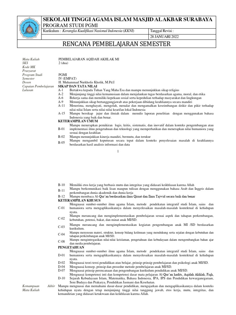 RPS Pemb Aqidah Akhlak MI - 2021-2022 GENAP | PDF