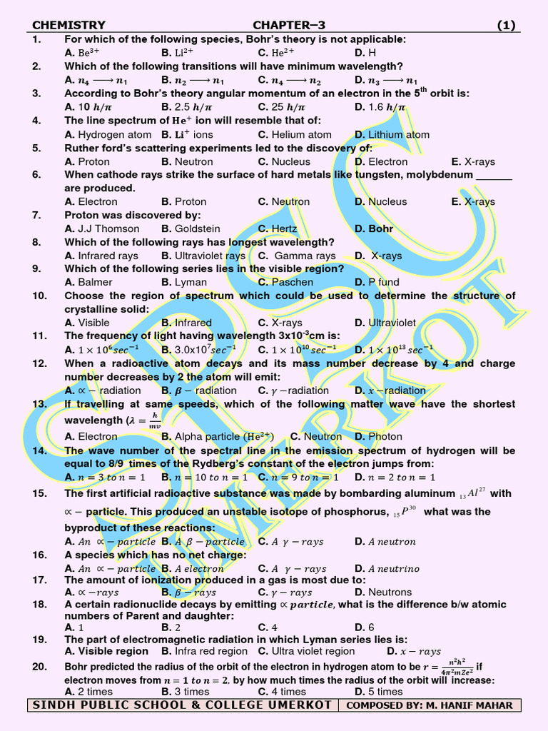 Chemistry Xi (Chapter 3) | Download Free PDF | Atoms | Electron