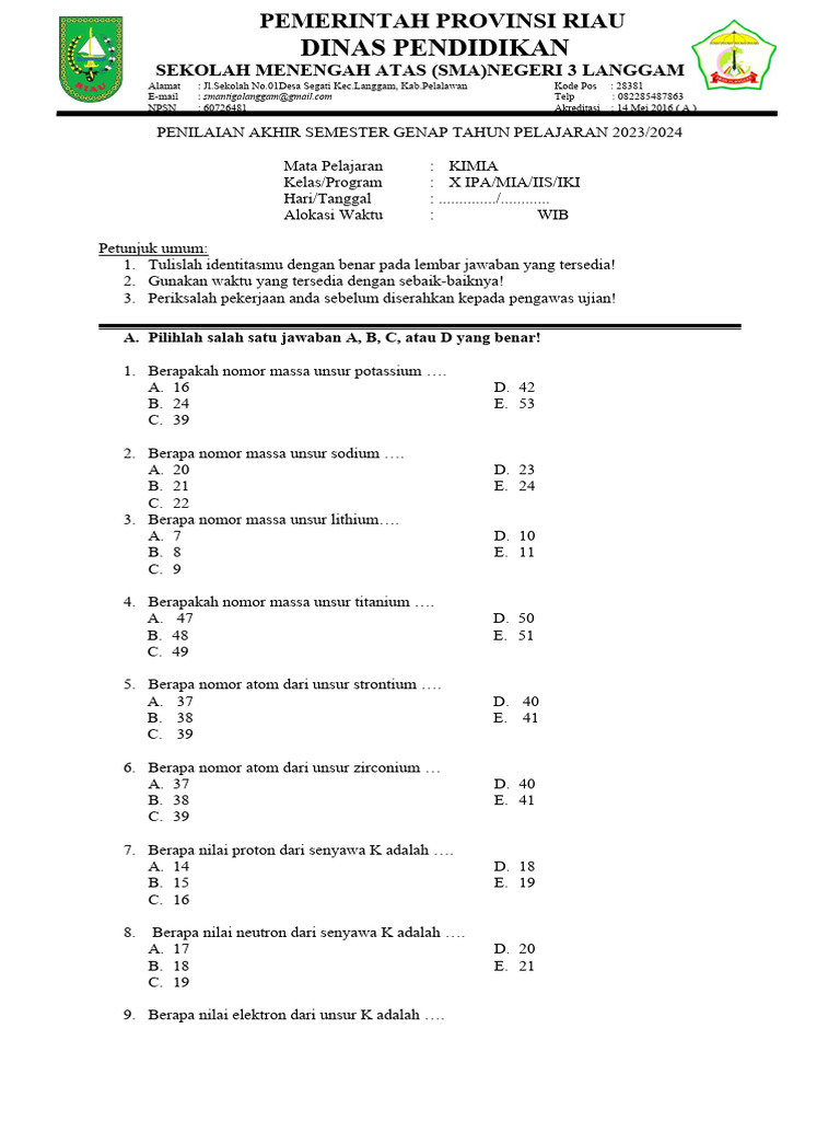 Soal Kimia Kelas 10 SMT Genap 2023 2024 | PDF