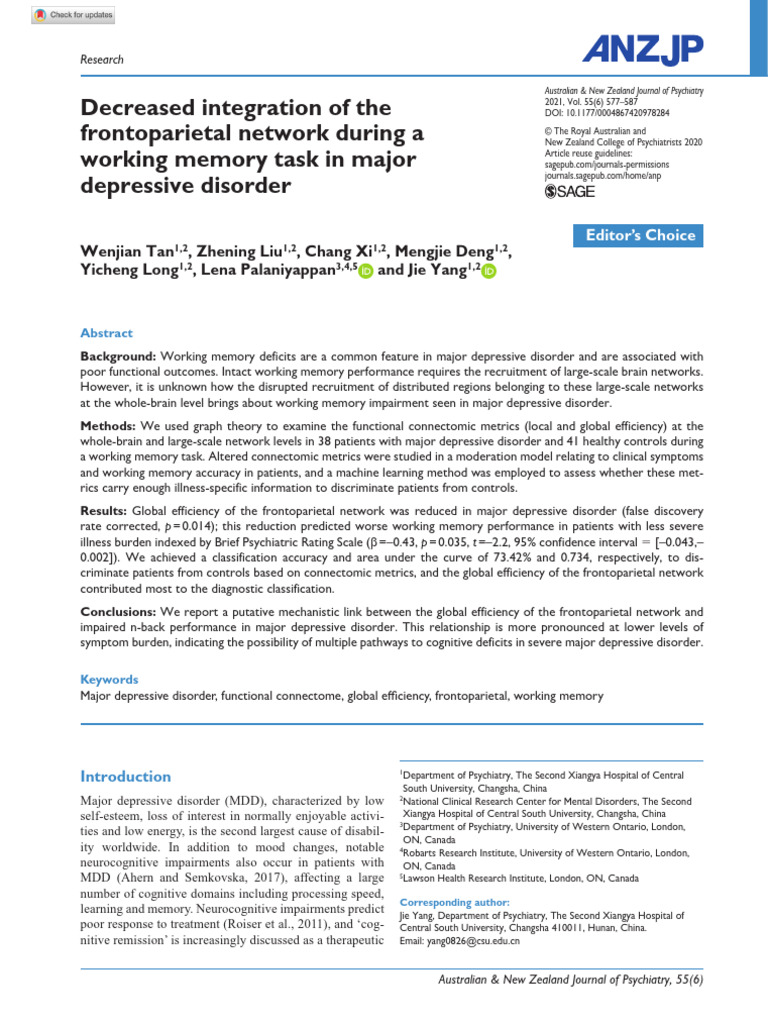 Decreased Integration Of The Frontoparietal Network During A Working Memory Task In Major