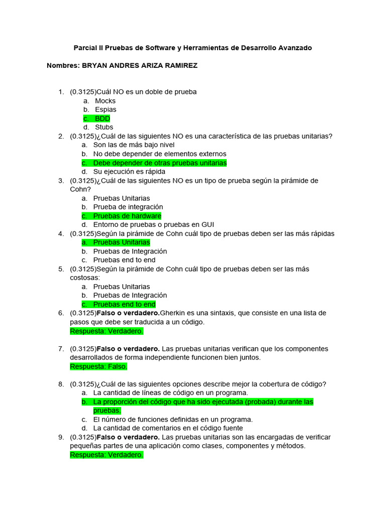 Parcial II Pruebas de Software y Herramientas de Desarrollo Avanzado | PDF | Desarrollo guiado ...