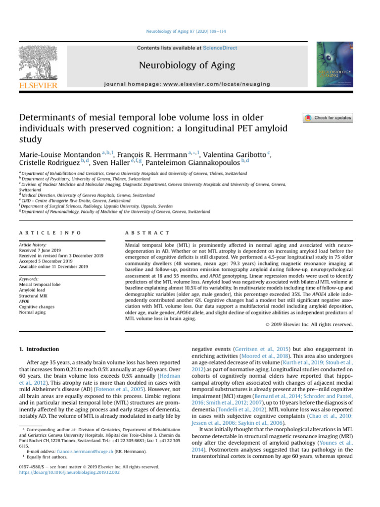 Determinants of Mesial Temporal Lobe Volume Loss in Older | PDF ...