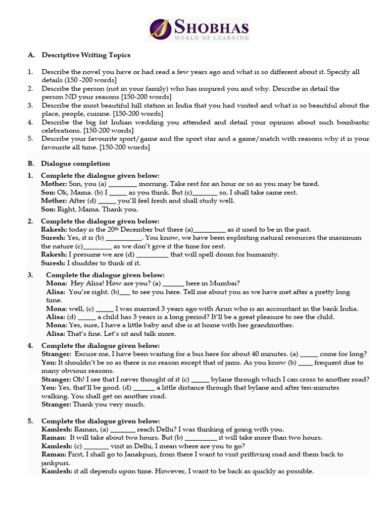 Descriptive Essay and Dialogue Completion Vacation Work | PDF