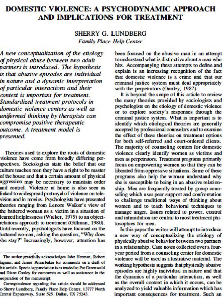 Domestic Violence A Psychodynamic Approach and Implications For ...
