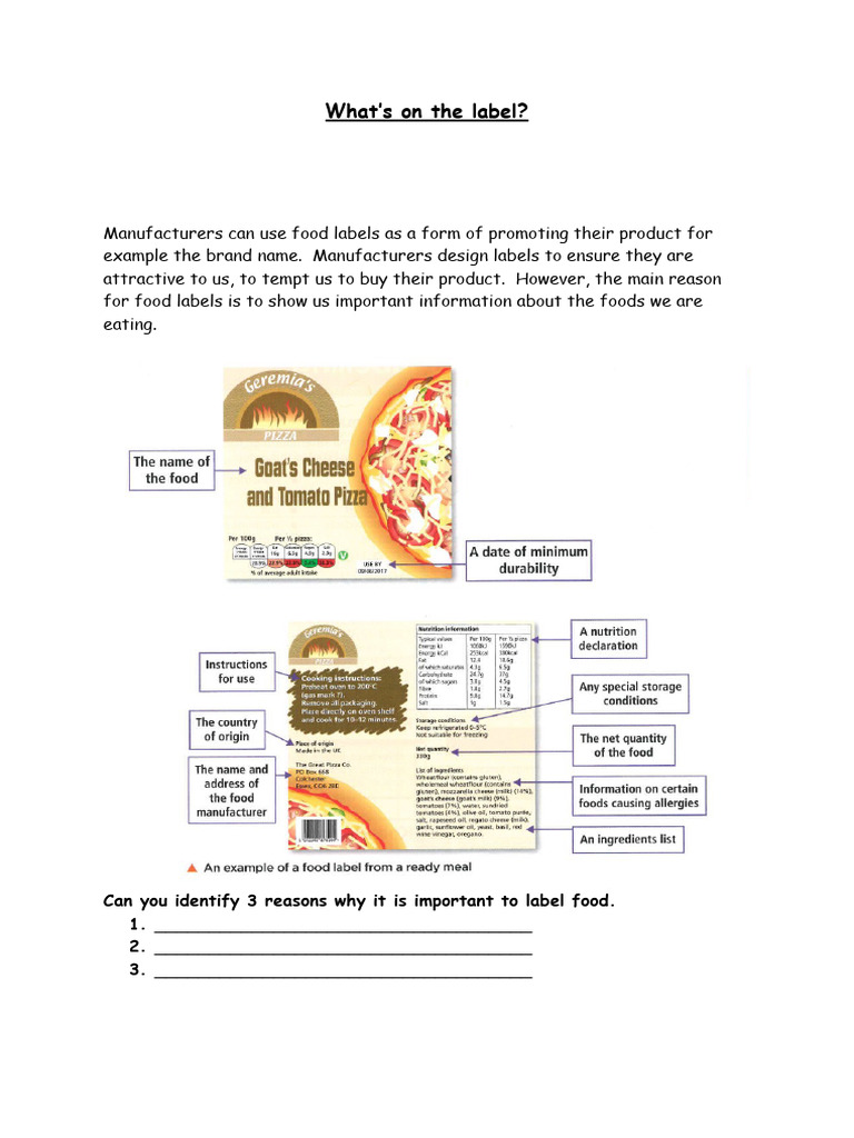 Food Labelling Worksheet | PDF
