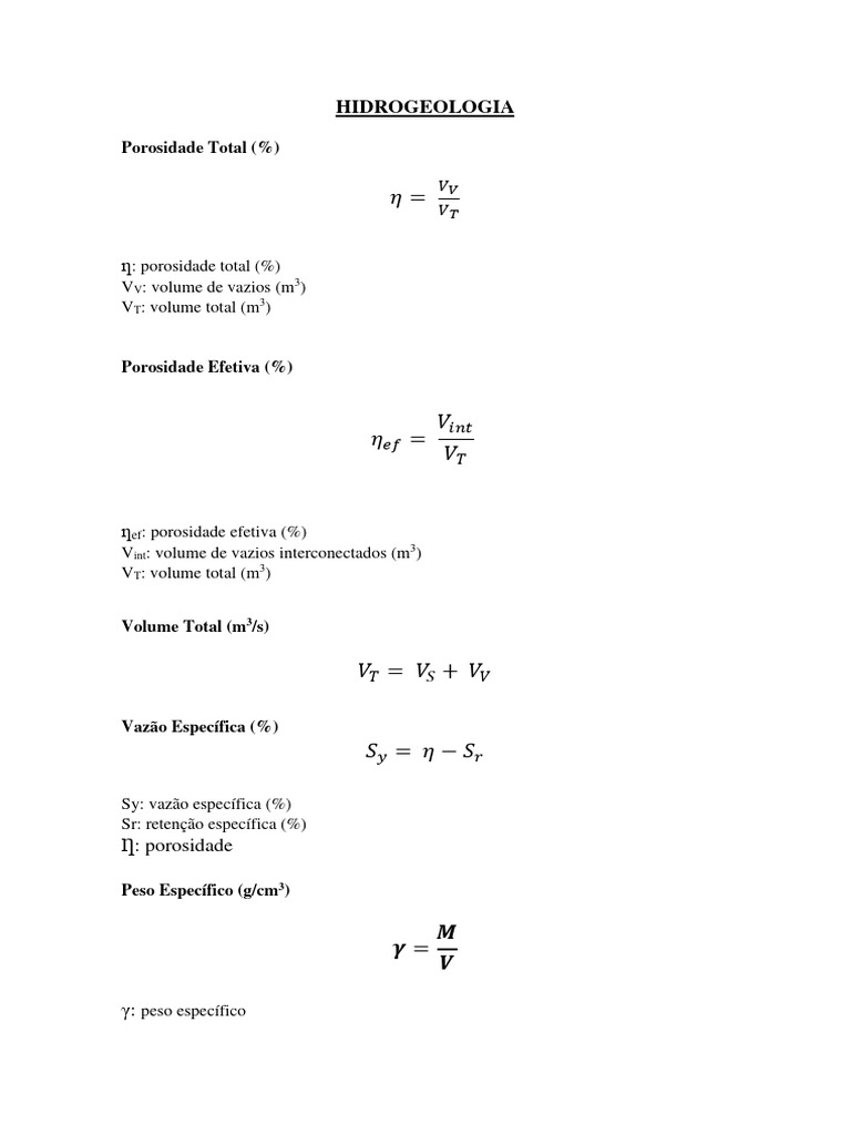 Fã - Rmulas - Hidrogeologia | PDF | Metrologia | Quantidades físicas