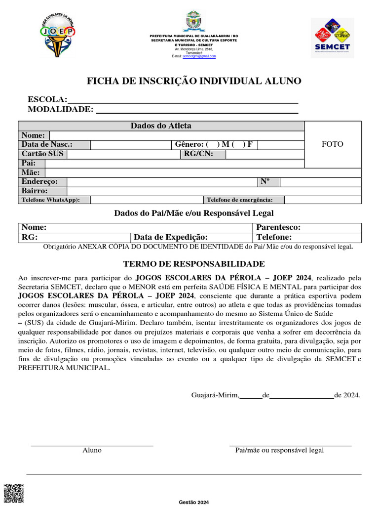 Ficha de Inscricao Individual Aluno1 | PDF
